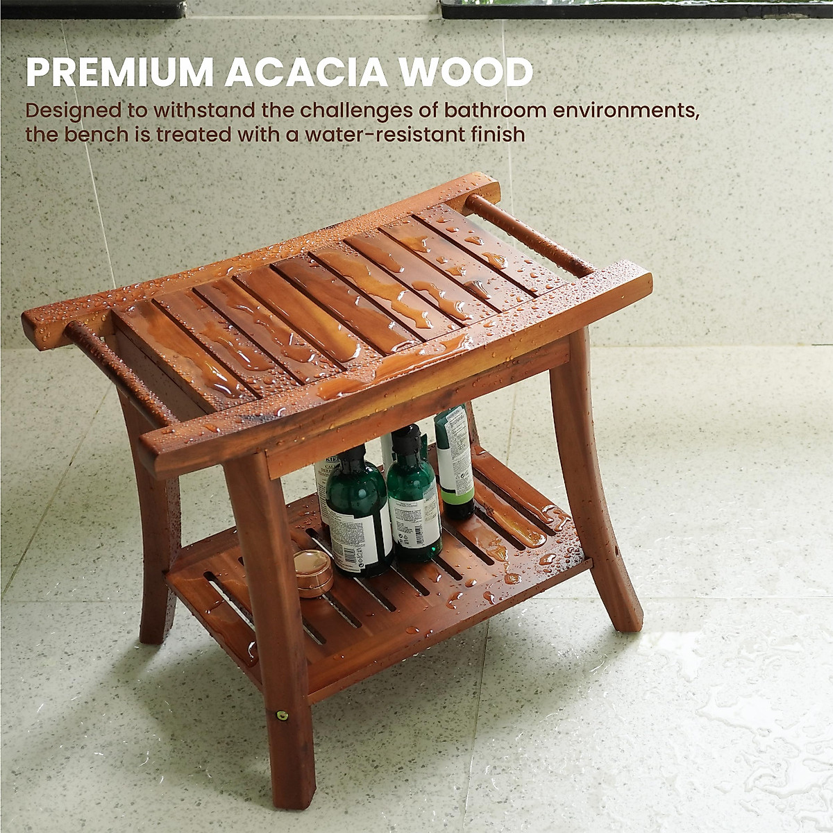 Tinamo Acacia Wood Shower Benches for Inside Shower - Wooden Shower Stool Waterproof for Shaving Legs - Bench Seat with Storage Towel Shelf for Bathroom - Chair Spa Bath (22" x 13" x 18.6") (Acacia)