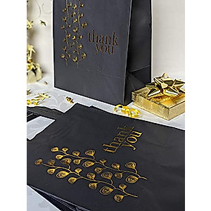 Thank You Bags Bulk with Flat Handles Pack of 50, Black Kraft Paper Bags with Gold Foil Stamp Image Medium Size 10x 4.75 x 8 Inches