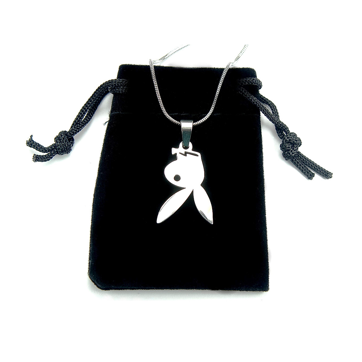Ann Claridge Upside Down Playboy Bunny Necklace, on 18In Snake Chain, Pure 304 Stainless Steel, Playboy Chain Rabbit Tattoo Symbol Charm Pendant Necklace