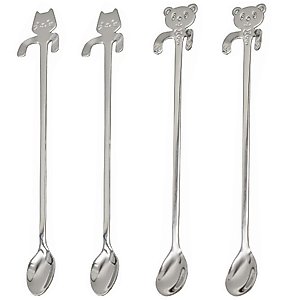 Maydahui 4PCS Cat Spoon Bear Coffee Tea Spoon Long Handle 7.8 inch 18/10（304）Stainless Steel Hanging Coffe Mixing Cocktail Stirring Animal Spoons Scoops for Mug
