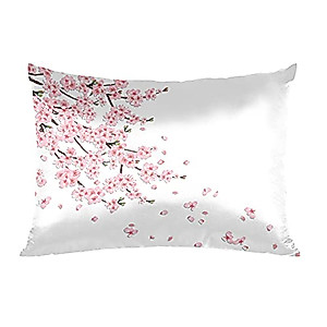 Cute Flower Satin Pillowcase for Hair and Skin Japanese Flower Cherry Blossoms Silk Pillowcase Soft Satin Cooling Pillow Covers No Zipper with Envelope Closure Standard Size(20 × 26inch 1 pcs)