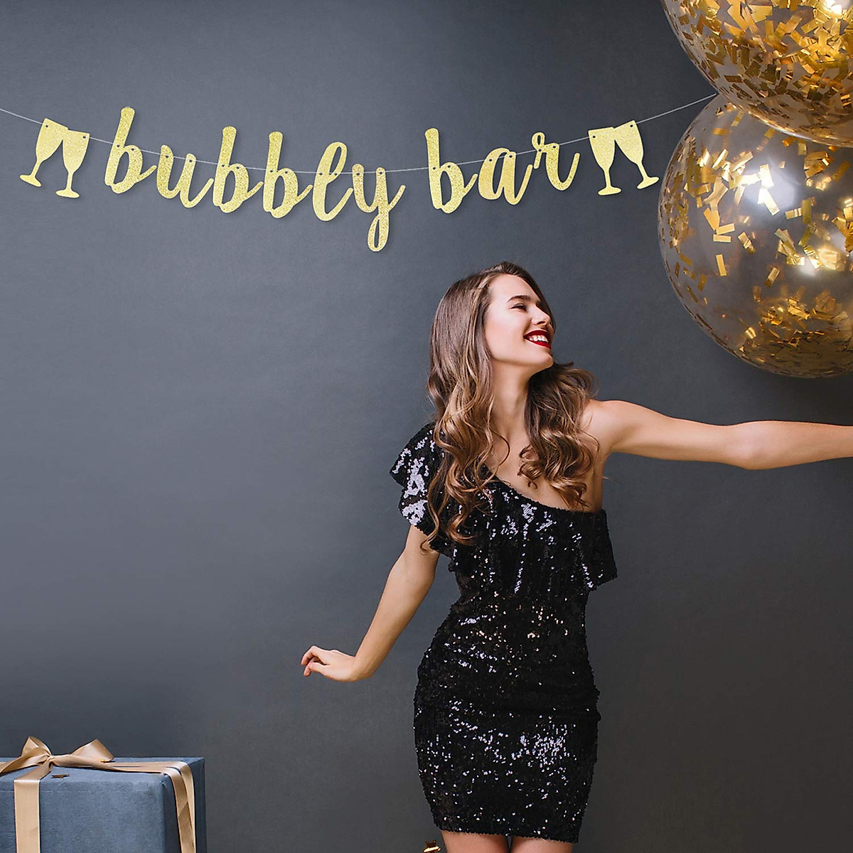 LINGTEER Bubbly Bar Gold Glitter Bunting Banner Perfect for Wedding Bridal Shower Bachelorette Party Gift Keepsake Decorations Backdrop Sign.