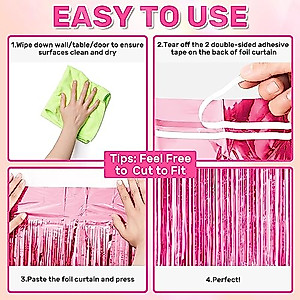 4-Pack Backdrop for Party Decorations, Foil Fringe Backdrop Curtains, Tinsel Streamers for Birthday Party Decorations, Pink Backdrop Curtains for Girl Graduation Unicorn Mermaid Disco Princess Parties