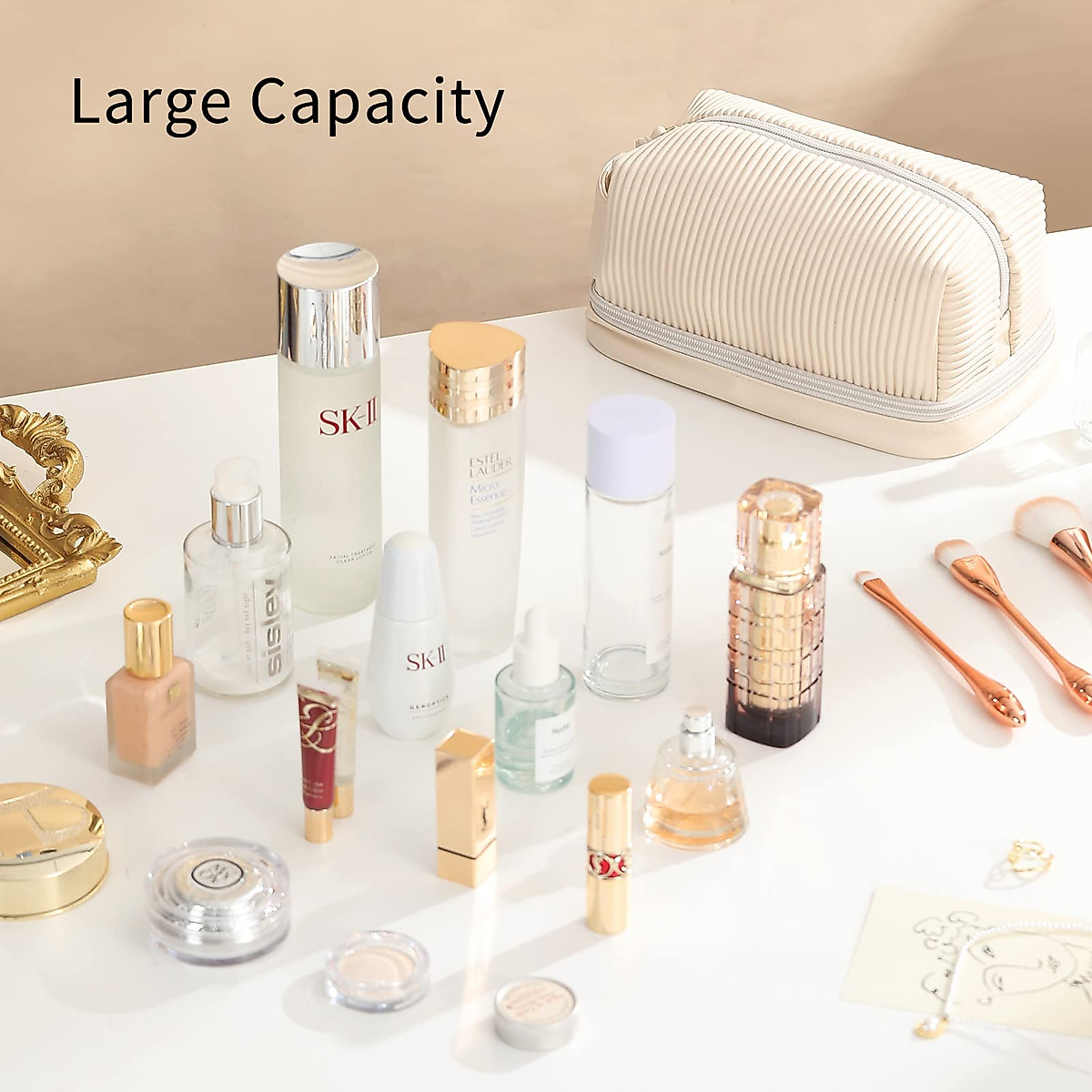 bagINBAG QIANPA Makeup Bag, Large Double Layer Waterproof Travel Bag with Handle and Brush Compartment for Women (Cream)