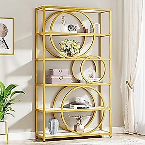 Tribesigns 5-Tier Bookshelf, 71" H Gold Book Shelf Large Bookcases and Bookshelves with Chic Circular Design, Tall Open Display Shelf Storage Rack for Home Office Living Room, Bedroom, White&Gold