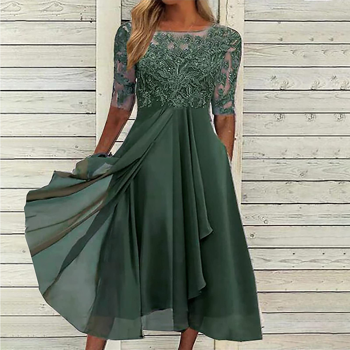 YUTANRAL Wedding Guest Dresses for Women Summer 2023 Formal Cocktail Prom Dress Body Suits Women Clothing Trendy Dressy Elegant Midi Flowy Sexy Lace Floral Ruffle Short Sleeve(B Green,XX-Large)