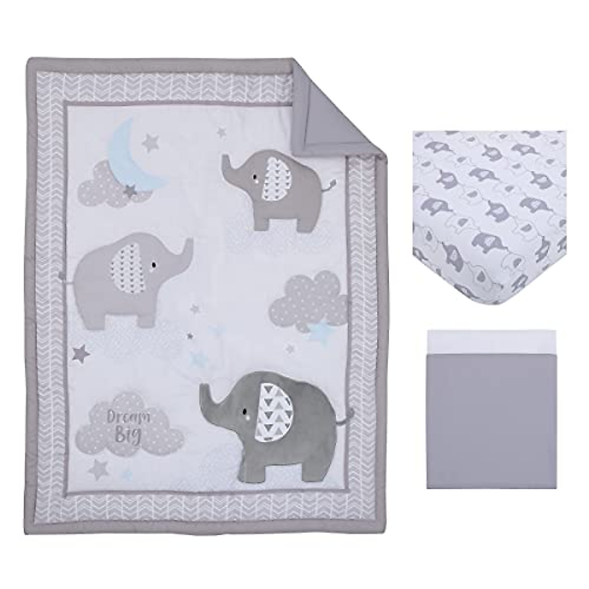 NoJo Little Love Elephant Stroll Dream Big Clouds and Stars with Chevron Border 3 Piece Nursery Crib Bedding Set - Comforter, Fitted Crib Sheet, and Crib Skirt