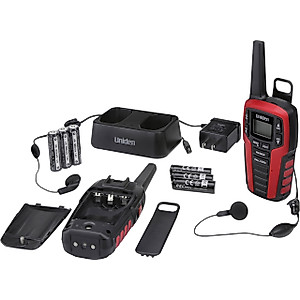 Uniden SX327-2CKHS Up to 32-Mile Range FRS Two-Way Radio Walkie Talkies, Dual Charging Cradle & 2 Headsets, Water Resistant, 22 Channels, 121 Privacy Codes, NOAA Weather + Alert, LED Flashlight