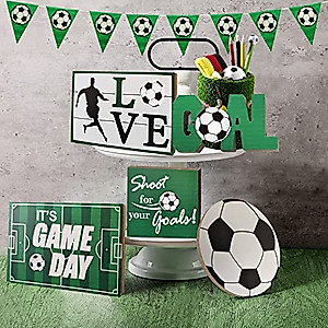 5 Pcs Soccer Decorations Farmhouse Soccer Tiered Tray Decor Soccer Party Supplies Game Day Wooden Signs for Home Kitchen Shelf Coffee Bar Table