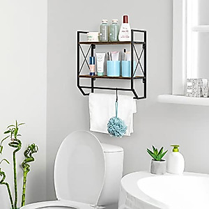 Bathroom Wall Shelf Wall Mounted Industrial 2 Tier Wood Bathroom Towel Rack with Towel Bar, 5 Metal Hooks Rustic Wall Hanging Toilet Storage Shelf for Kitchen, Bathroom, Brown