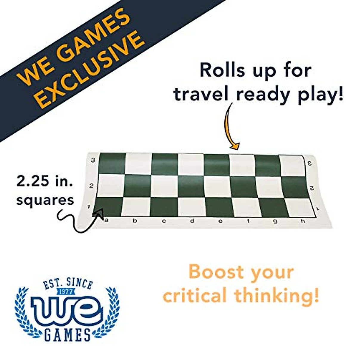 WE Games Tournament Roll Up Chess Board + Bobby Fischer Ultimate Tournament Staunton Chess Pieces