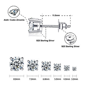 18K Gold Plated Sterling Silver Cubic Zirconia Stud Earrings for Women Men, Simulated Diamond CZ Studs Hypoallergenic Jewelry (8mm, 18K White Gold Plated Sterling Silver - Silver)