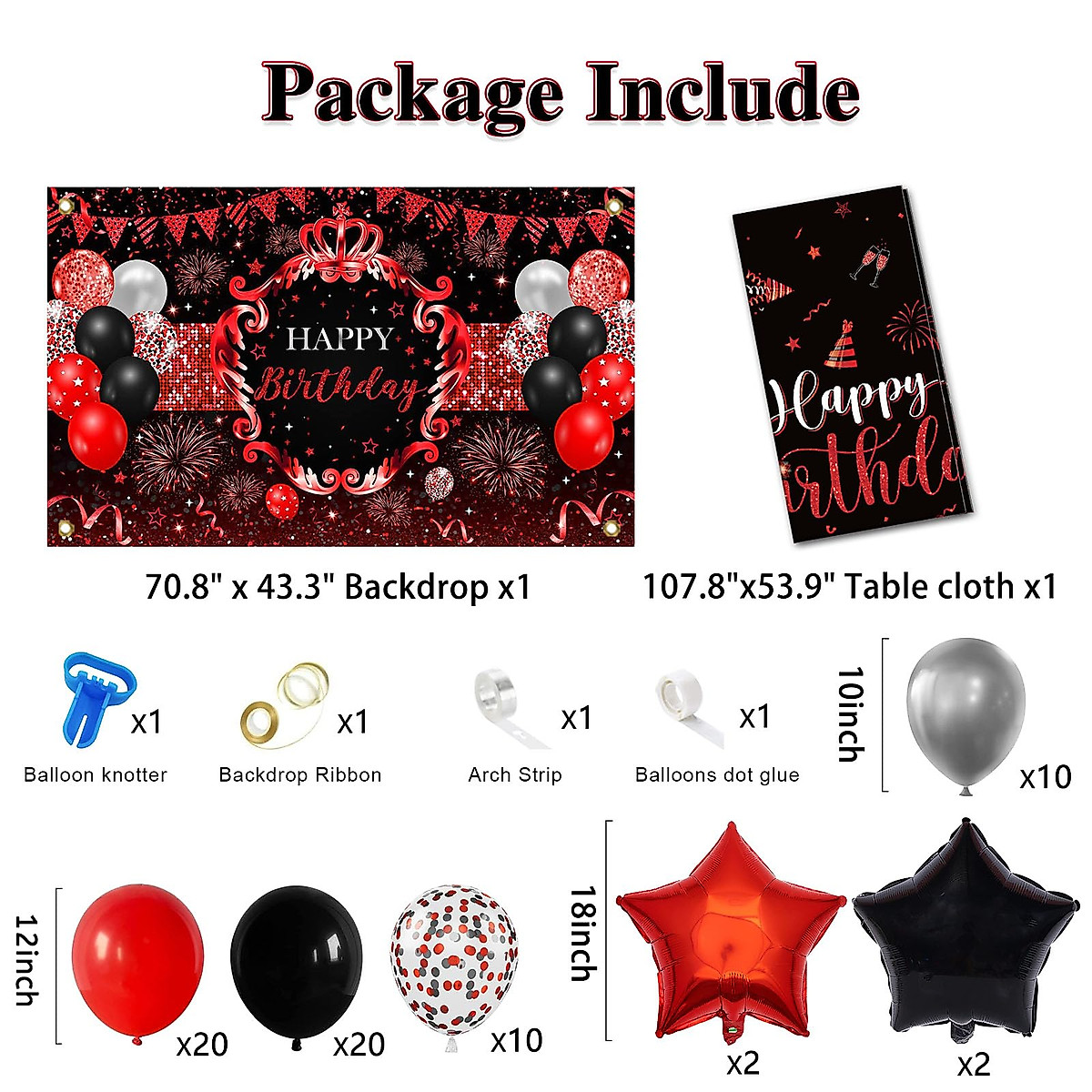 Lecheme Red and Black Birthday Decorations Happy Birthday Backdrop 66 Pcs Balloons Set Red and Black Birthday Party Supplies for Men Women Red Party Decorations for Birthday