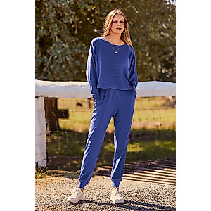 PRETTYGARDEN Women's 2024 Fall Fashion Outfits 2 Piece Sweatsuit Solid Color Long Sleeve Pullover Long Pants (Blue,Medium)
