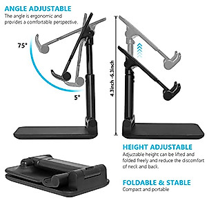 Cell Phone Stand, Folding Desktop Phone Stand, Angle Height Adjustable Mobile Phone Holder for Desk, Office, Tablet Stand Compatible with All iPhone, iPad, Samsung, 4-10’’ Cellphone & Tablet (Black)