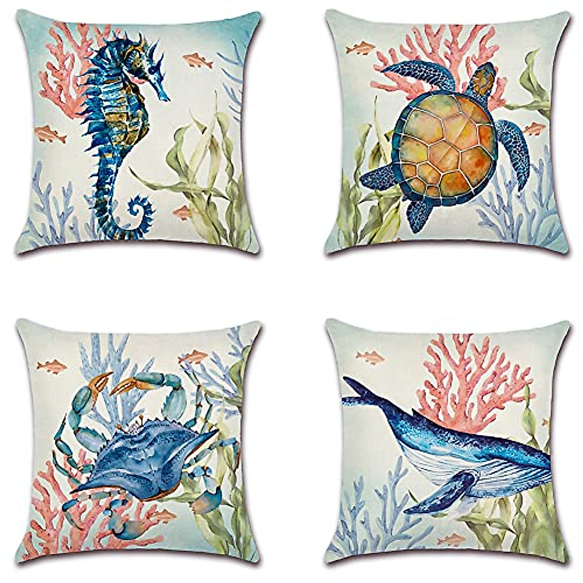 Artscope Set of 4 Waterproof Throw Pillow Covers 18x18 Inches, Marine Life and Pink Coral Pattern Decorative Cushion Covers, Perfect to Outdoor Patio Garden Living Room Sofa Farmhouse Decor