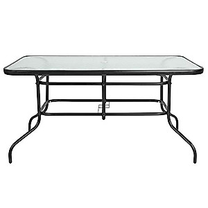 Flash Furniture Patio Dining Set, 55" Tempered Glass Table with Umbrella Hole, 6 Black Metal Aluminum Slat Stack Chairs