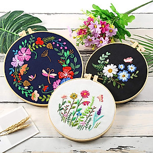 Caydo 3 Sets Embroidery Starter Kit with Pattern and Instructions, Cross Stitch Kits Include 3 Embroidery Cloth with Floral Pattern, 3 Plastic Embroidery Hoops, Color Threads and Tools
