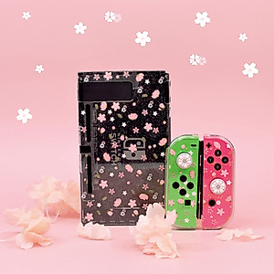FANPL Glitter Clear Case for Nintendo Switch, Hard Shell Cute Protective Case Cover for Switch and Joy Con Controller with 2 Glitter Cherry Blossoms Thumb Grips - Embossed Feel (Pink Sakura Snow)