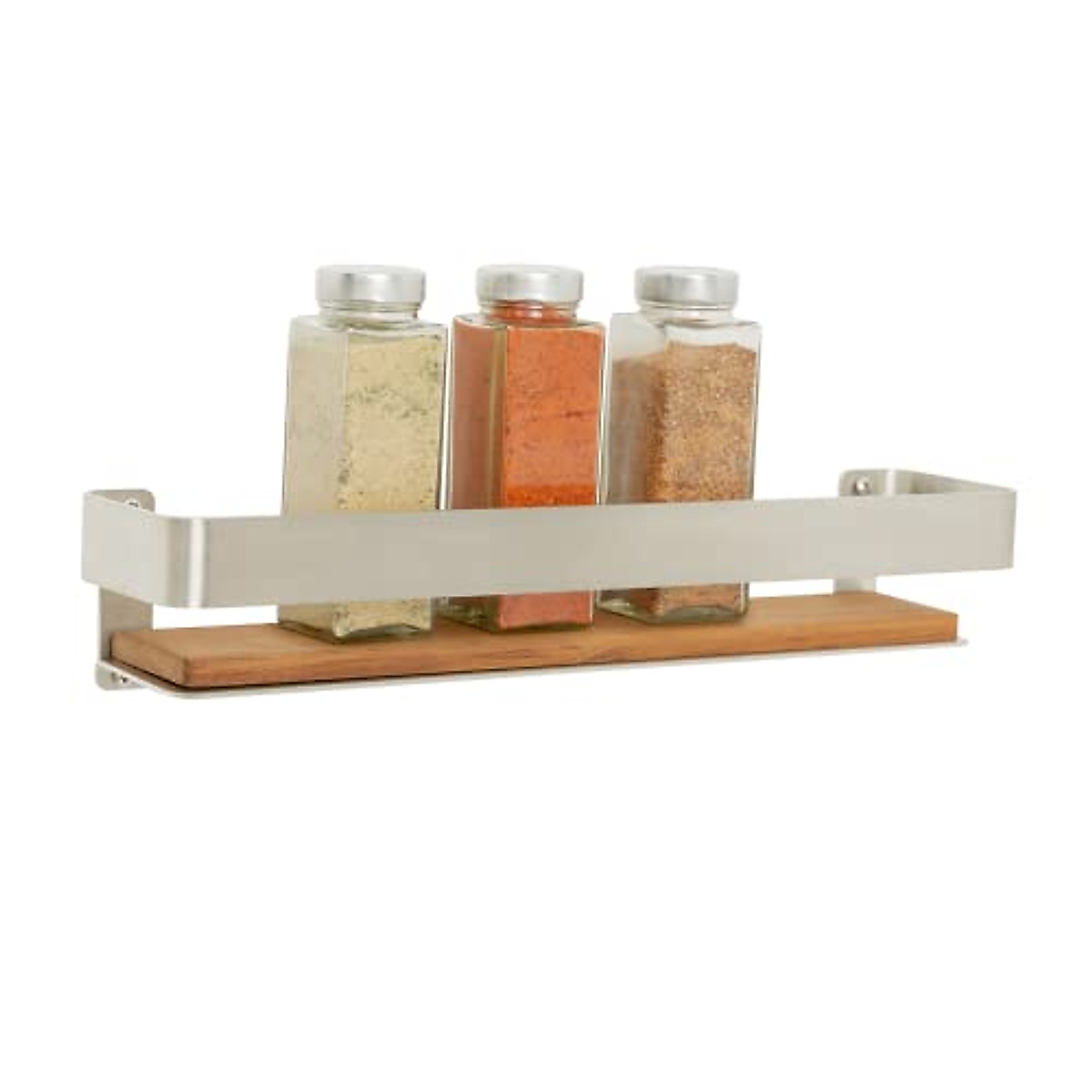 Seachrome Rectangular Shower Shelf with Rail in a Satin Finish and Natural Teak Wood Insert