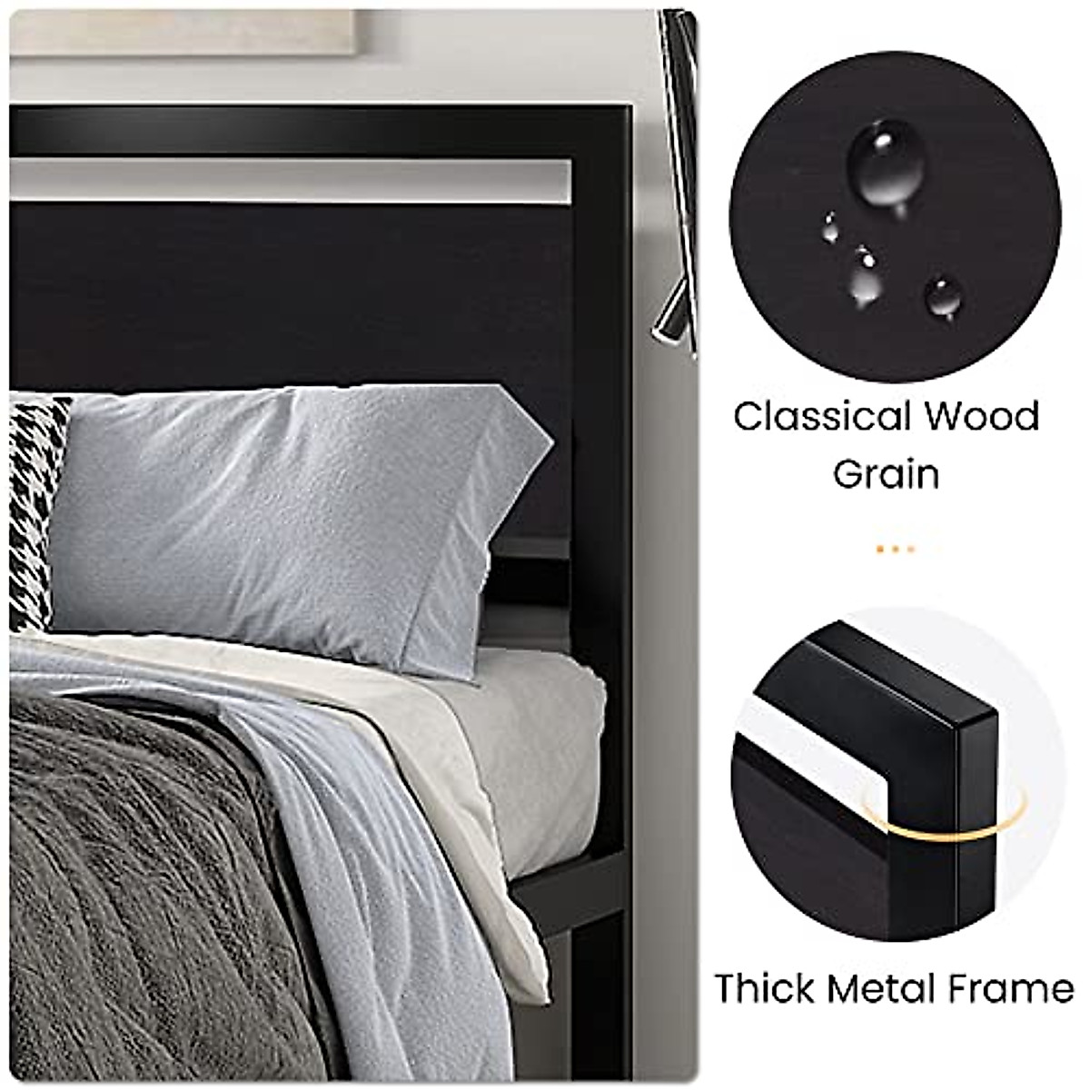 SHA CERLIN Full Size Bed Frame with Modern Wooden Headboard/Heavy Duty Platform Metal Bed Frame with Square Frame Footboard & 13 Strong Metal Slats Support/No Box Spring Needed, Black