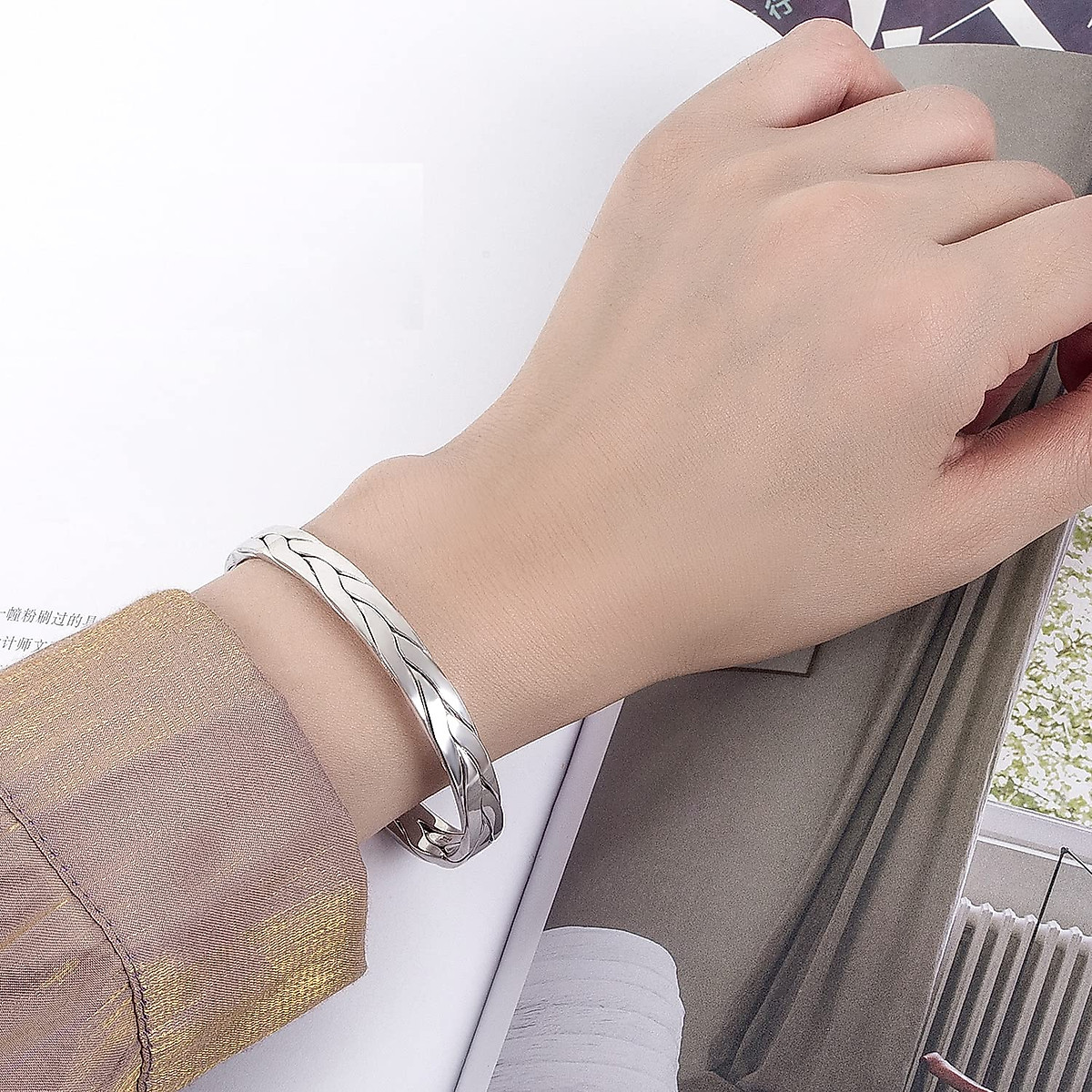 H&Beautimer 925 Sterling Silver Bracelet 7.8-9.3MM Pattern Bracelet For Women Men-Party Charm Jewelry Gift-Unisex Original Silver Open Bangle Free Adjustment (Width 9.3MM, Free Adjustment)