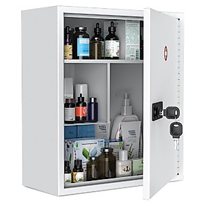 Uniclife Wall Mount Medicine Cabinet with Combination & Key Lock Locking First Aid Cabinet Lockable Medical Cabinet Large Capacity Medicine Organizer Secure Steel Wall Cabinet Metal Storage Box, White