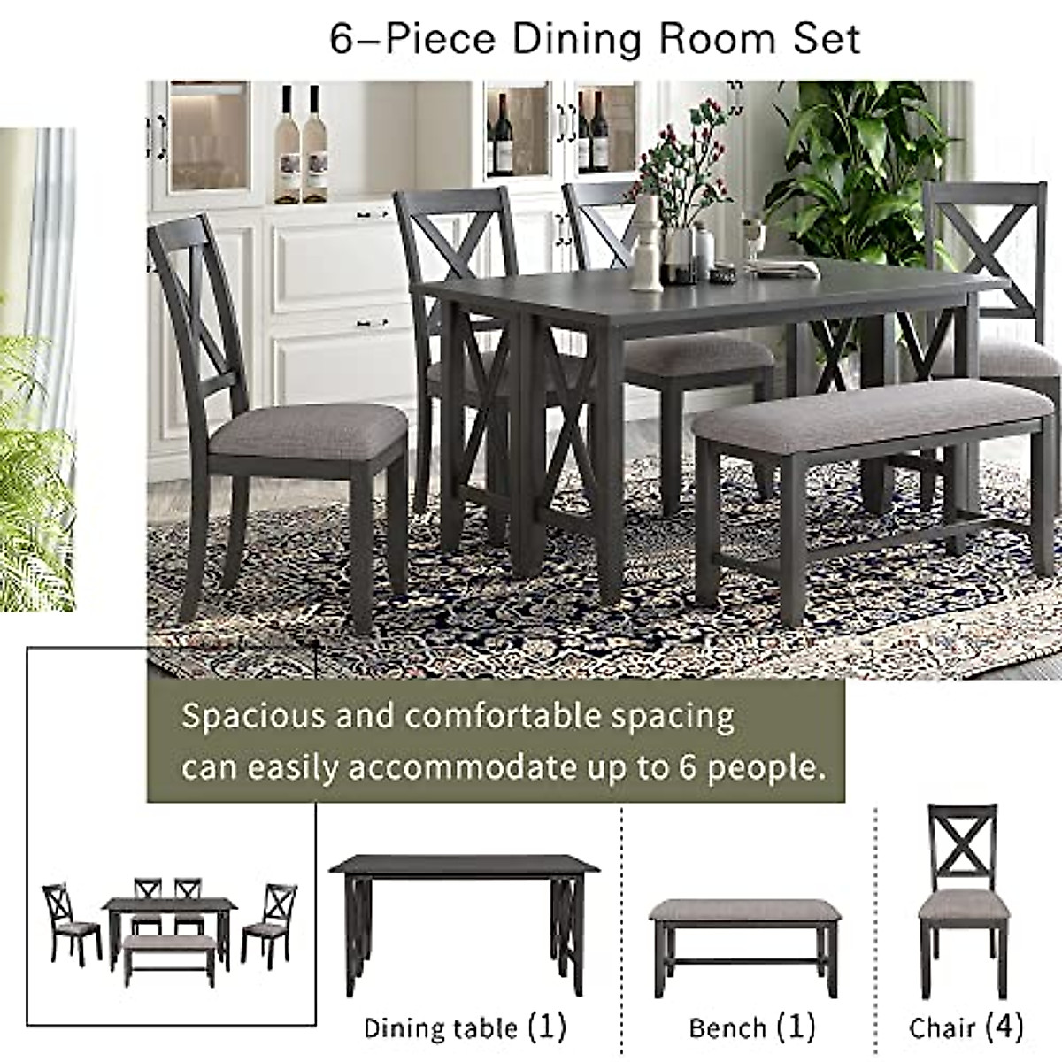 XD Designs 6-Piece Dining Room Table Set, Rustic Farmhouse Dining Room Foldable Table with 4 Upholstered Chairs & Bench, Solid Wood Kitchen Dining Room Set for 4-6 Persons (Gray 60in)