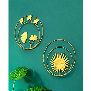 samanoya Iron Wall Sculptures,Metal Round Room Decor and Home Decor with Hanging Leaf Gingko Ornaments Great for Bedroom Hotel Wall Decoration (Gold（Round Square Suit）)