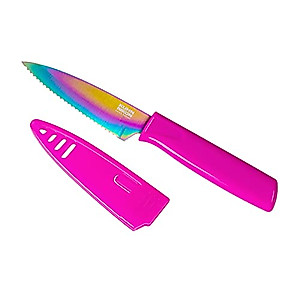 KUHN RIKON Colori Non-Stick Serrated Paring Knife with Safety Sheath, 4 inch, Rainbow