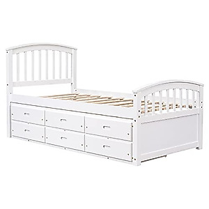 Merax Twin Size Solid Wood Platform Storage Bed with 6 Drawers, No Box Spring Needed, White