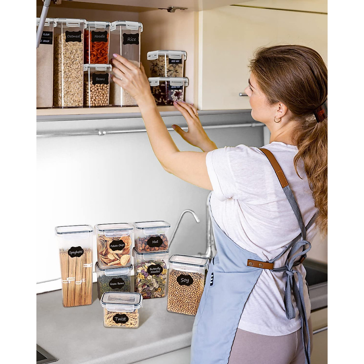 DMH [14 Pack] Airtight Food Storage Containers With Lids For Kitchen Organization And Storage Pantry Flour Sugar Pasta Dry Food Cereal Container - Free Labels Marker & Spoon Set