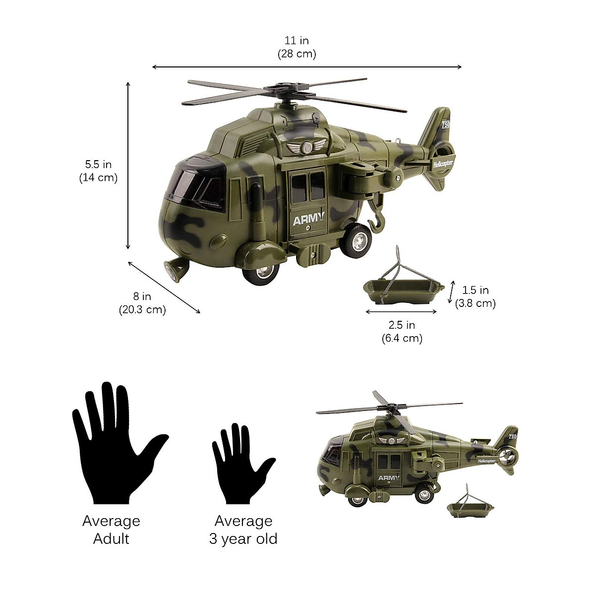 Vokodo Military Helicopter 11" With Lights Sounds Push And Go Includes Rescue Basket Durable Toy Friction Power Kids Army Soldier Chopper Pretend Play Truck Great Gift For Children Boys Girls Toddlers