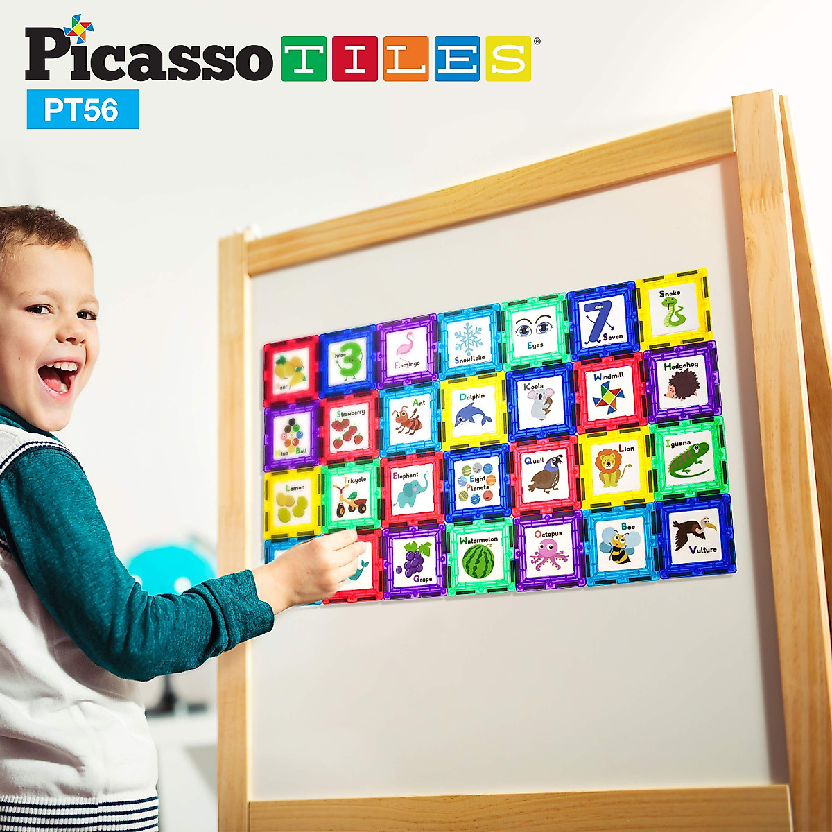 PicassoTiles Magnetic Building Blocks with Tiles and Educational Artwork Graphic Click-in Inserts Magnet Construction Toy Set STEM Learning Kit Playset Child Brain Development PT56