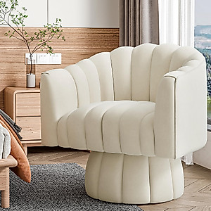 Accent Chair Mid Century 360 Degree Swivel Chair,Modern Lounge Sofa Round Barrel Chair with Wide Upholstered,Fluffy Velvet Fabric Chairs for Home Sofa Living Room/Bedroom/Waiting Room (Beige)