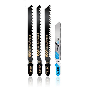 60Pcs Jigsaw Blades Set, Contractor Assorted T Shank Jig Saw Blades, Multi-Purpose HCS/HSS Saw Blades for Cutting Wood, Plastic, PVC and Metal (T144D, T244D, T111C, T118A, Each 15pieces)