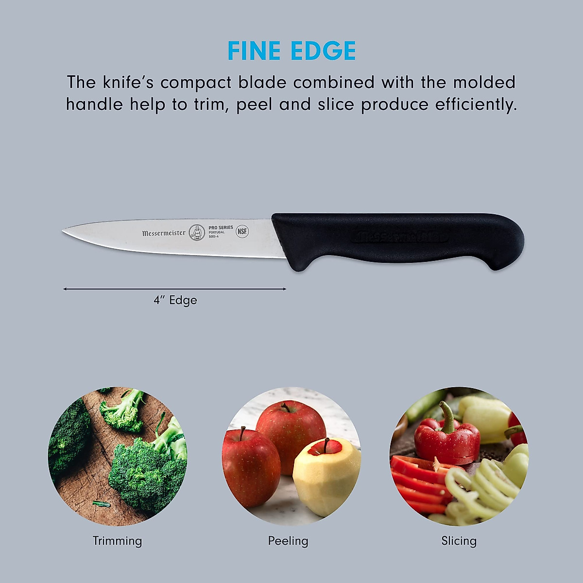 Messermeister Pro Series 4” Spear Point Paring Knife - German X50 Stainless Steel & NSF-Approved PolyFibre Handle - 15-Degree Edge, Rust Resistant & Easy to Maintain - Made in Portugal