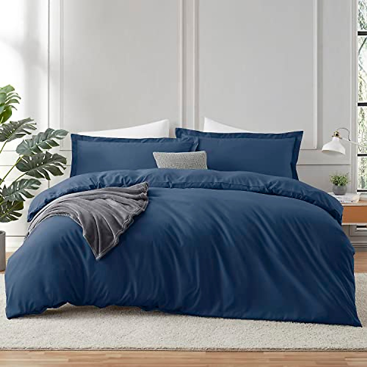 Hearth & Harbor Navy Blue Duvet Cover Queen Size - 3 Piece Queen Duvet Cover Set, Soft Double Brushed Queen Size Duvet Covers with Button Closure, 1 Duvet Cover 90x90 inches and 2 Pillow Shams