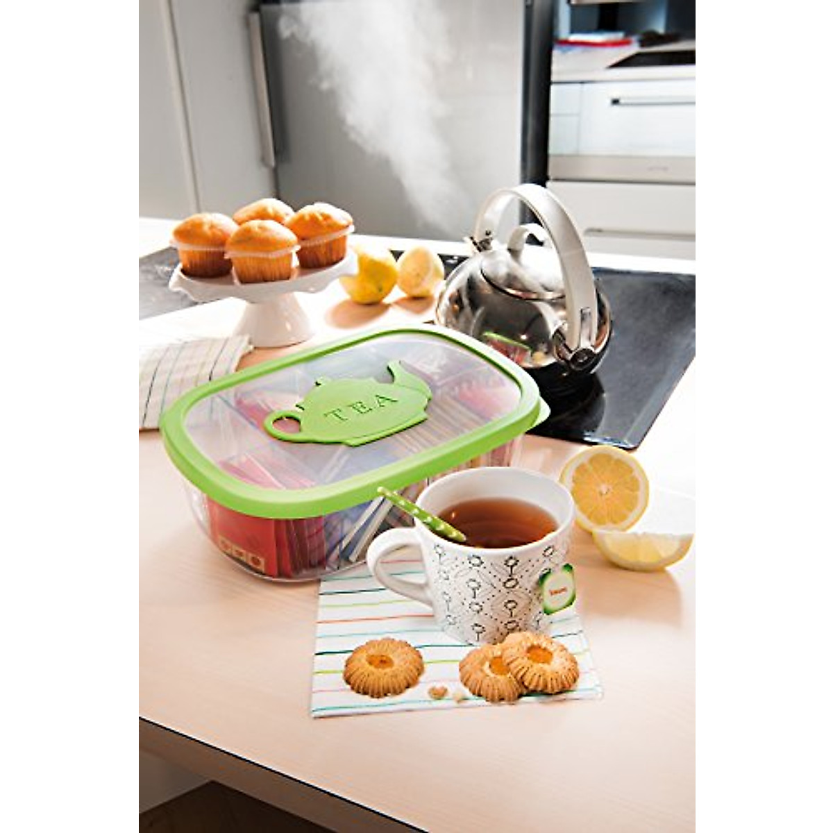 Snips, Green Tea Bag Airtight Storage Box with Removable Dividers, 11.22" x 8.07" x 1.77"
