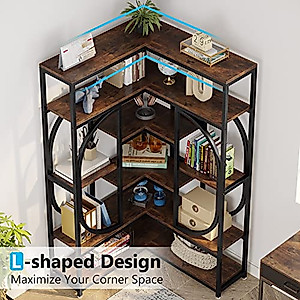 Tribesigns 7-Shelf Corner Bookshelf, Large Modern Corner Bookcase, Tall Corner Shelf Stand with Storage, L-Shaped Display Rack with Metal Frame for Living Room Home Office (Rustic Brown)