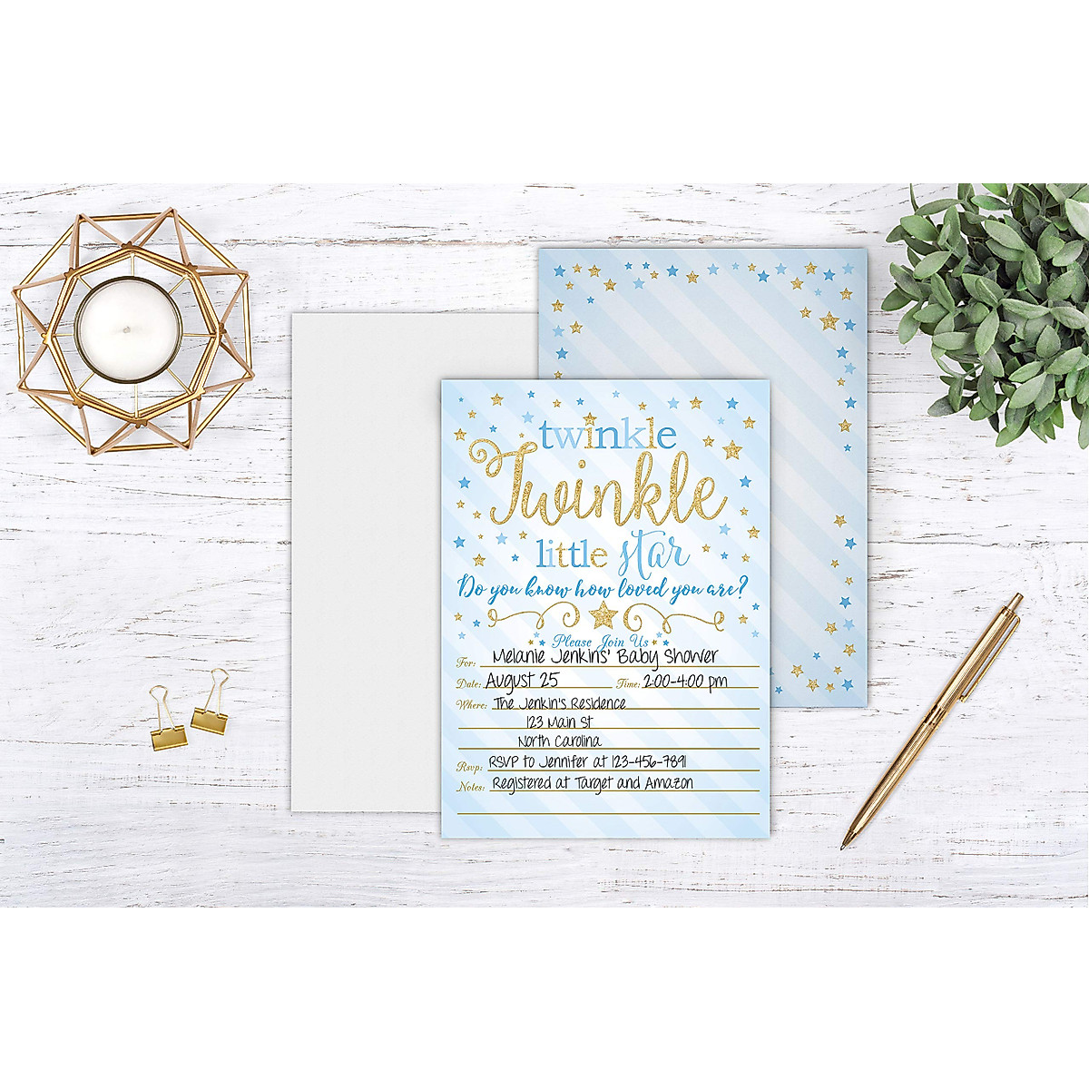 Your Main Event Prints Boy Twinkle Twinkle Little Star Baby Shower Invitations, Blue and Gold Twinkle Twinkle Little Star Boy Baby Shower Invites, 20 Fill in Style With Envelopes