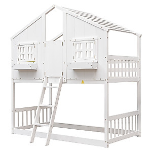 Harper & Bright Designs House Bunk Bed Twin Over Twin Kids Bunk Bed Wood Frame with Roof, Window, Window Box, Door, Safety Guardrails and Ladder, for Girls Boys (Twin Size, White)