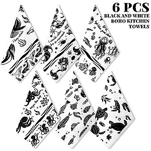 Newwiee 6 Pieces Boho Kitchen Towels Black and White Funny Dish Towels Ocean Animal Themed Tea Towels Absorbent Towels for Boho Housewarming Gifts Kitchen Decoration, 16 x 28''
