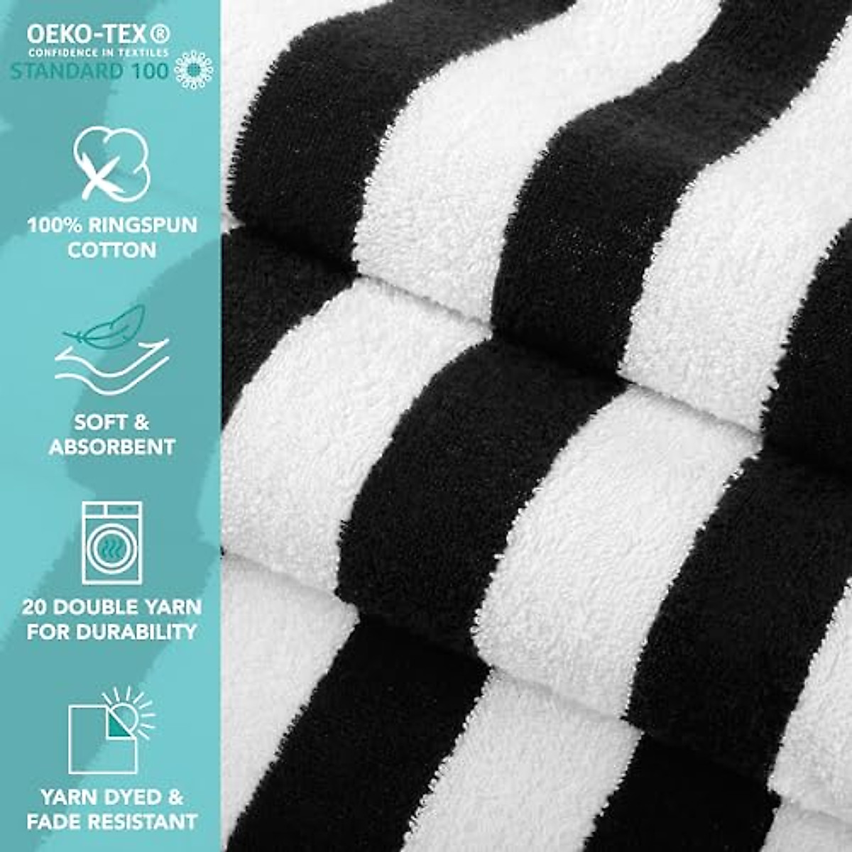 Arkwright California Cabana Stripe Beach Towel - Pack of 4 - Large Soft Quick Dry Cotton Terry Towels Set for Pool, Swim, and Hot Tub, Oversized 30 x 70 in, Black