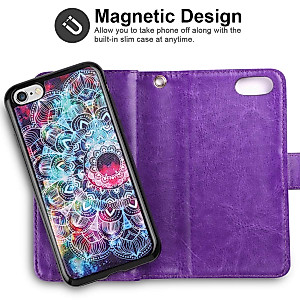 Vofolen 2-in-1 Case for iPhone 8 case iPhone 7 SE 2020 Wallet Card Holder Slot Detachable Strap Protective Slim Hard Shell Magnetic PU Leather Folio Pocket Flip Cover for iPhone 7 8 SE2 Mandala Purple