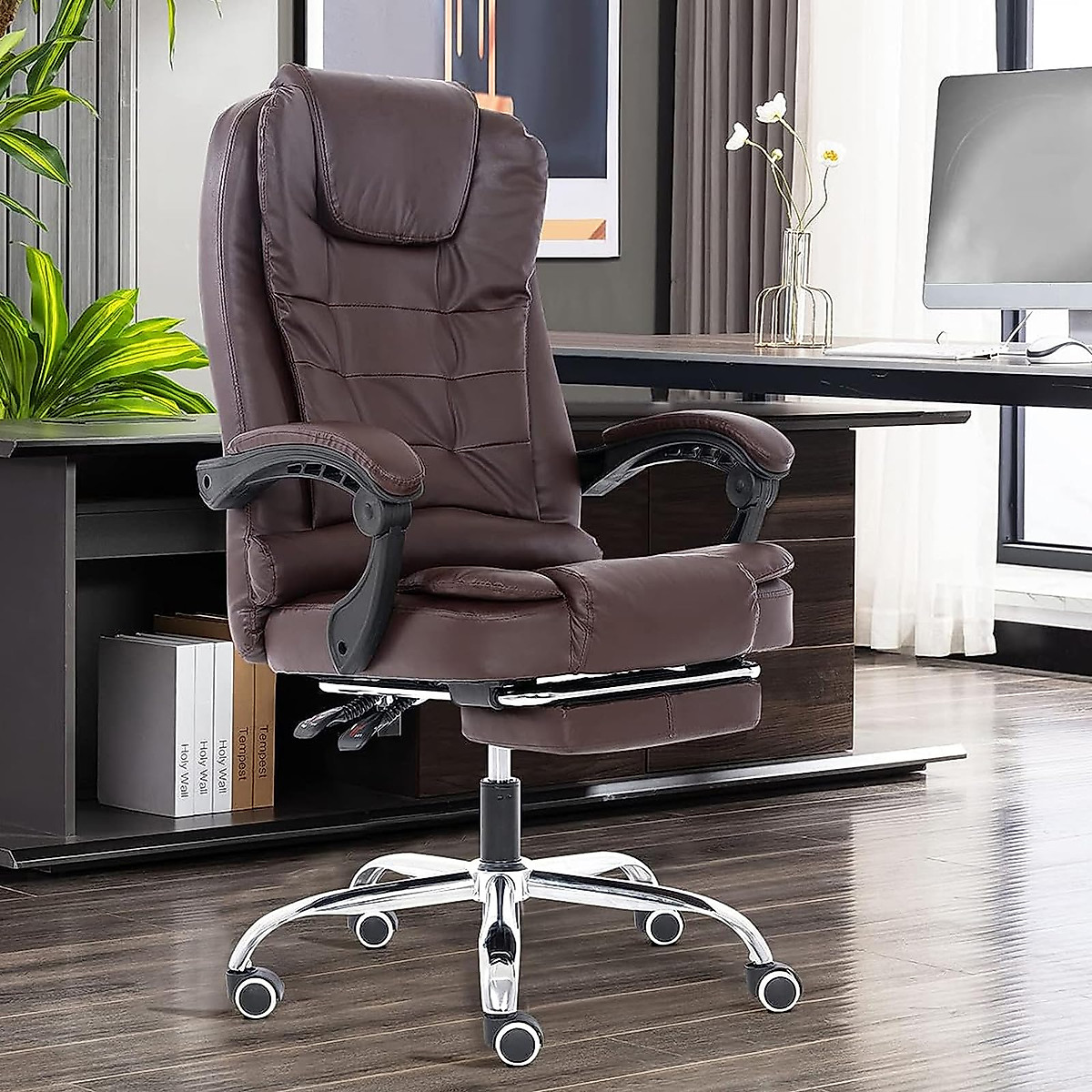 BXCSMFA Executive Office Chair Black Leather Reclining Office Chair with Footrest, Ergonomic Massage Office Chair Comfortable Adjustable Computer Task Rolling Chair (Amber Massage Executive Chair)