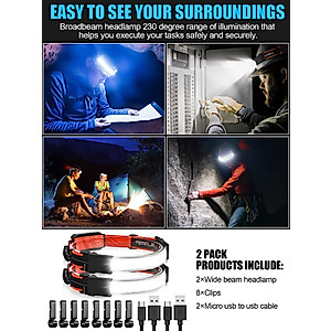 Spriak LED Headlamp Flashlight, 1000lumens 230° Broadbeam Headlight, USB Rechargeable Head Lamp with Red Taillight, Lightweight Waterproof Headlamps for Camping Running Hiking, Hard Hat Headlamp