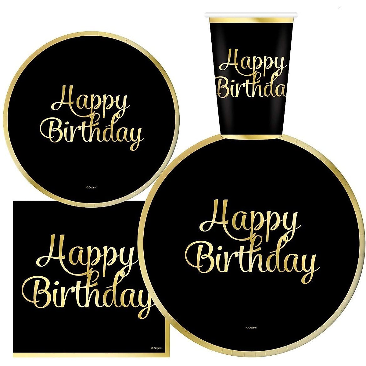 30 Guest Black and Gold Happy Birthday Gold Foil include Complete Party Pack 9" Dinner Paper Plates 7" Dessert Paper Plates 12 oz Cups 3 Ply Napkins Party Supplies