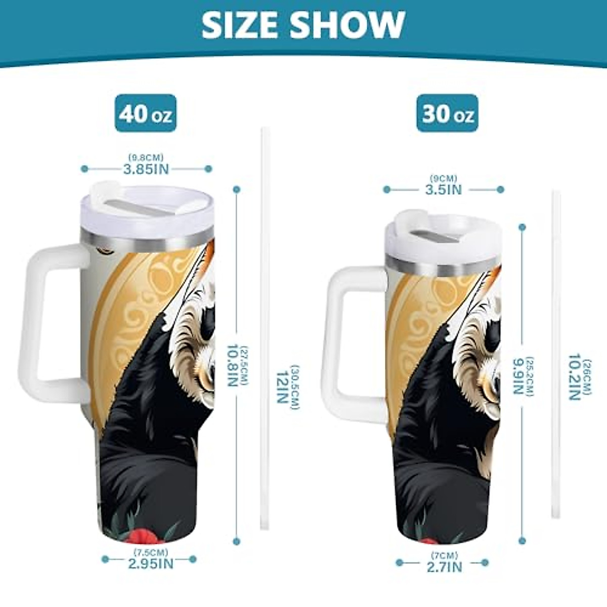 Panda with Floral Tumbler With Handle And Straw 30-40oz Insulated Tumbler Cups With Lid Stainless Steel for Cold Water and Drinks for School Work Sports Car Travel and Weekends