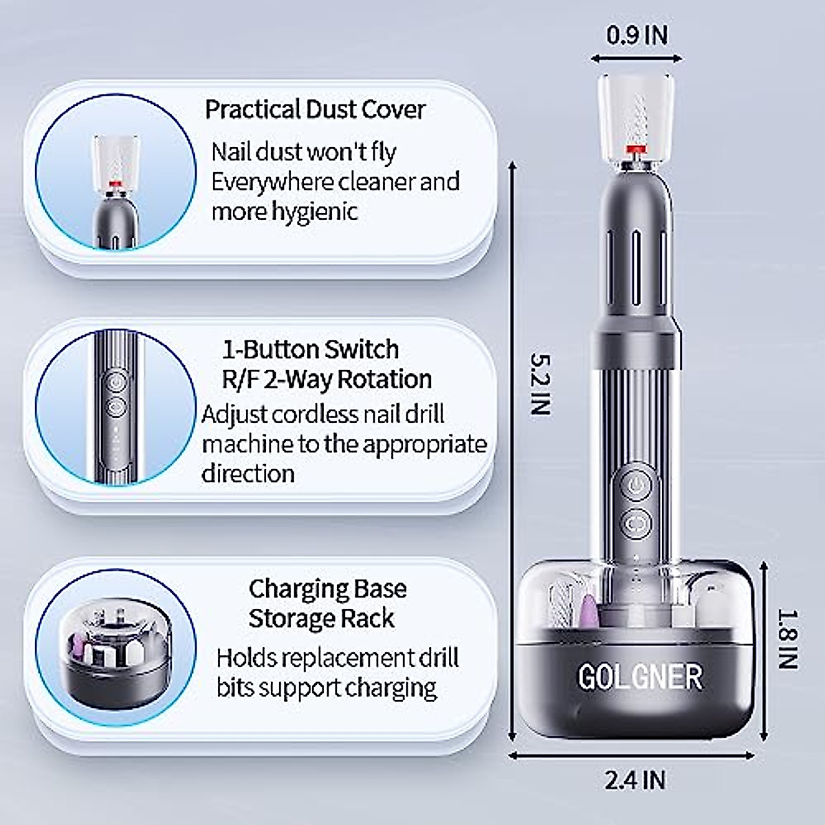 Golgner Cordless Nail Drill Machine, Electric Nail Drill Machine, Portable Electric Nail File Machine, 20000RPM with 12PCS Nail Drill Bits&36Pcs Sanding Bands, for Acrylic Gel Nails, Manicure Pedicure
